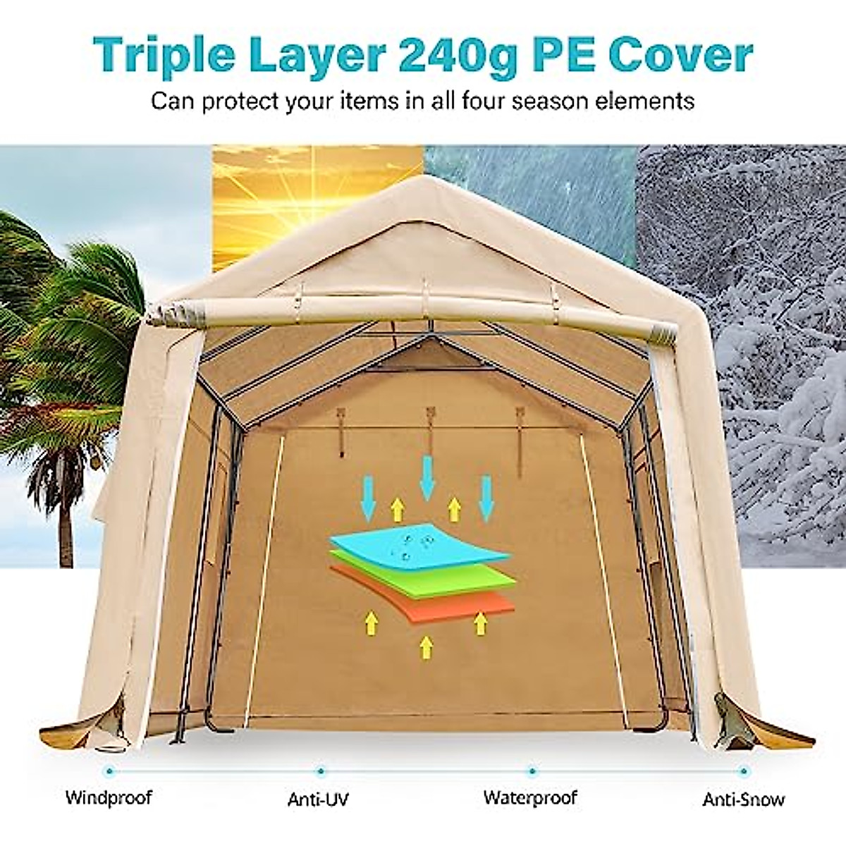 ADVANCE OUTDOOR 10x15 ft Shelter Storage Shed Steel Metal Peak Roof Anti-Snow Portable Garage Carports for Motorcycle, Boat or Garden Tools with 2 Roll up Doors & Vents, Beige, (8807BY-2)