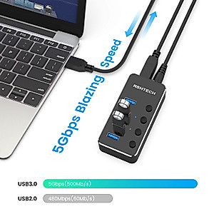 Powered USB Hub, RSHTECH 4 Port USB 3.0 Hub Splitter Portable Aluminum USB Data Hub Expander with Individual On/Off Switch and Universal 5V AC Adapter, 3.3ft USB 3.0 Cable (RSH-516)