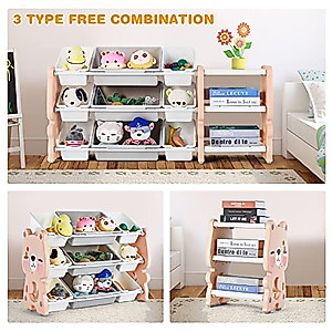 JOYLDIAS Kids' Toy Storage Organizer, 3-Tier Toys Shelves Kids Storage Organizer for Toys with Removable Bins, DIY Stickers, Cartoon Bear Style 47.2''x13''x25.4'', Sakura Pink