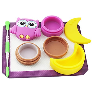 Pearwell Silicone Wax Containers 7ml 11ml 12ml Owl Moon Concentrate Jars with 5.9"×4.9" Purple Mat and 4.8“ Carving Tool