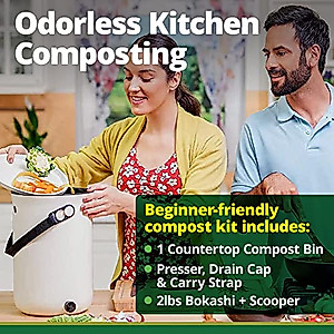 TeraGanix Organko Odor Free Compost Bin, Indoor Compost Starter Kit w/ 1 Lb Bokashi Bran, Countertop Kitchen Compost Bin, Airtight Seal, Spigot, Dishwasher Safe (Cream)