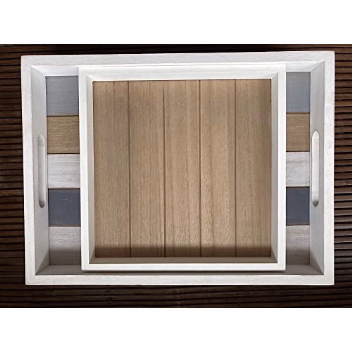 Set of 2 Wooden Serving Trays for Ottoman and Coffee Table Lap Tray (16.3x12.2x2 & 11x11x1.5 Inches, Multicolor)