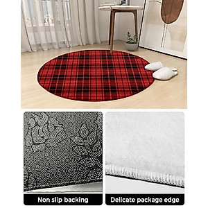 Christmas Fluffy Round Area Rug Carpets 3.3ft, Plush Shaggy Carpet Soft Circular Rugs, Non-Slip Fuzzy Accent Floor Mat for Living Room Bedroom Nursery Home Decor Buffalo Plaid Red Black Lattice