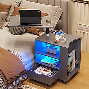 HNEBC LED Nightstand with Wireless Charging Station,Grey Nightstand Has Adjustable Rotary Table,Bedside Tables with One Drawer and 2 Mezzanines/Infrared Induction 3 Color Lighting (On The Right)