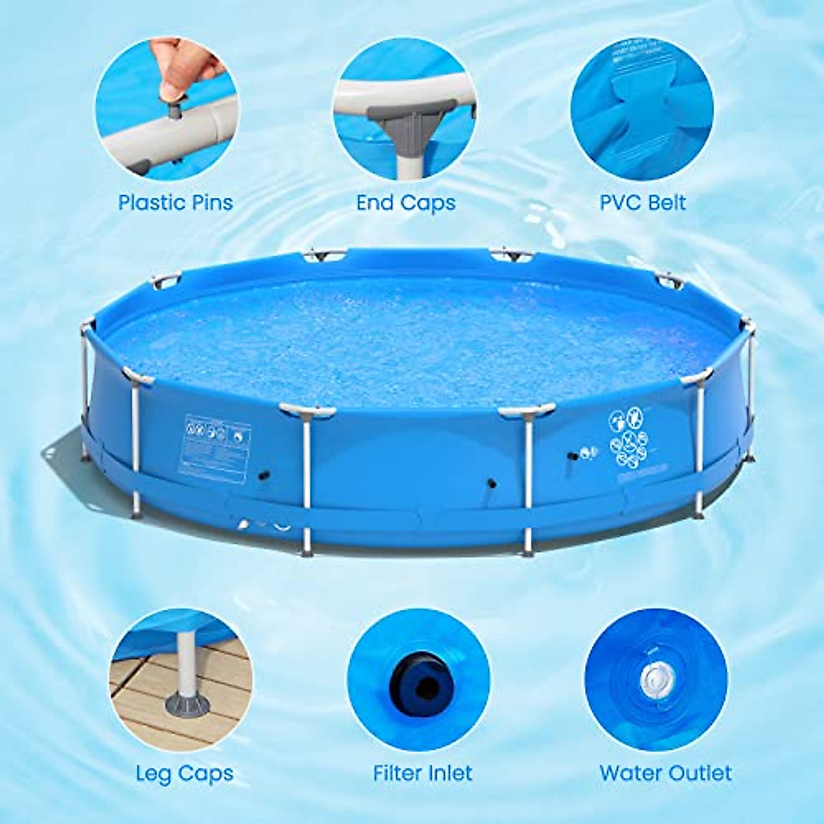 Goplus Above Ground Swimming Pool, 12ft x 12ft x 30inch Outdoor Steel Frame Pool W/Pool Cover, Reinforced Steel Frame, Round Swimming Pool for Backyard, Garden, Patio, Balcony (Blue)