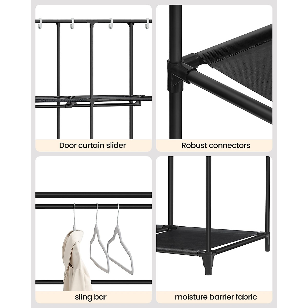 Hzuaneri Closet Wardrobe, 48.8-inch Portable Closet for Bedroom, 3 Clothes Rail Clothes Rail with Fabric Cover, Clothes Storage Organizer, 48.8 x 16.9 x 71.8 Inches, 4 Compartments, Grey WC09304G
