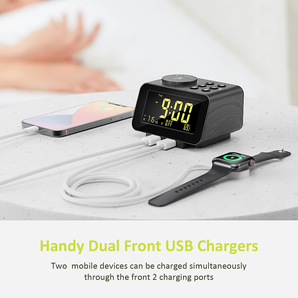 uscce Alarm Clock Radio for Bedroom - 0-100% Dimmer, 2 USB Chargers, Dual Alarm with Weekday/Weekend Mode, FM Radio w/Auto-Off Timer, Battery Backup, Loud Alarm Clock for Heavy Sleeper(Wood Grain)