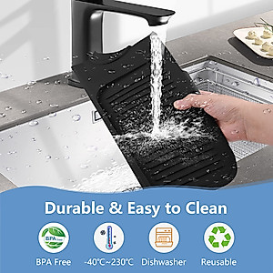 Burfocus Kitchen Sink Splash Guard, Silicone Faucet Handle Drip Catcher Tray Silicone Faucet Mat Kitchen Sponge Holder for Kitchen Sink Accessories Sink Protectors for Kitchen Sink （Black24" x 5.5"）