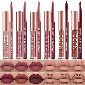 Petansy 12Pcs Lip Liner and Lipstick Set, 6 Colors Matte Liquid Lip Sticks + 6 Matching Smooth Nude Lip Liner, All in One Waterproof Long Lasting Lip Gloss Lips Make-up Gift Set for Girls and Women(A)