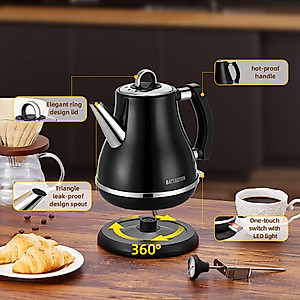 Electric Kettle, 1.2 Liter 1000W Small Hot water Kettle Electric with 100% 304 Stainless Steel Auto-shut off and Boil Dry Protection and fast-heating Electric Tea Coffee Kettle Black Color