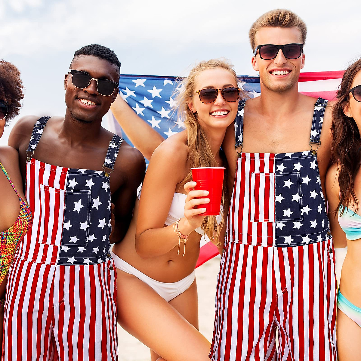 Mepase 3 Pcs American Flag Overalls Bib Set with Denim Patriotic American Flag Print Denim Bib USA America Glasses American Flag Western Hat for Men Women Summer 4th of July Halloween Cosplay