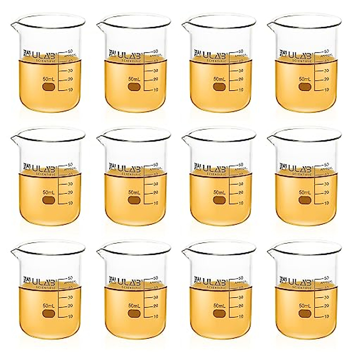 ULAB Scientific Glass Beakers Shot Glass, Vol. 50ml, 3.3 Borosilicate Griffin Low Form with Printed Graduation, Pack of 12, UBG1013