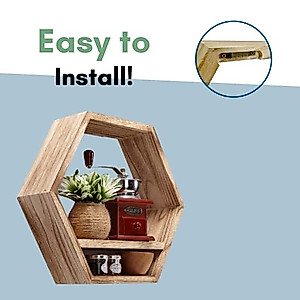 IZB HOME Hexagon Shelves Honeycomb Shelves - Hexagon Floating Shelves Set of 3 Hexagon Shelf, 3 Movable Mid Plates Included - Natural Wood Color