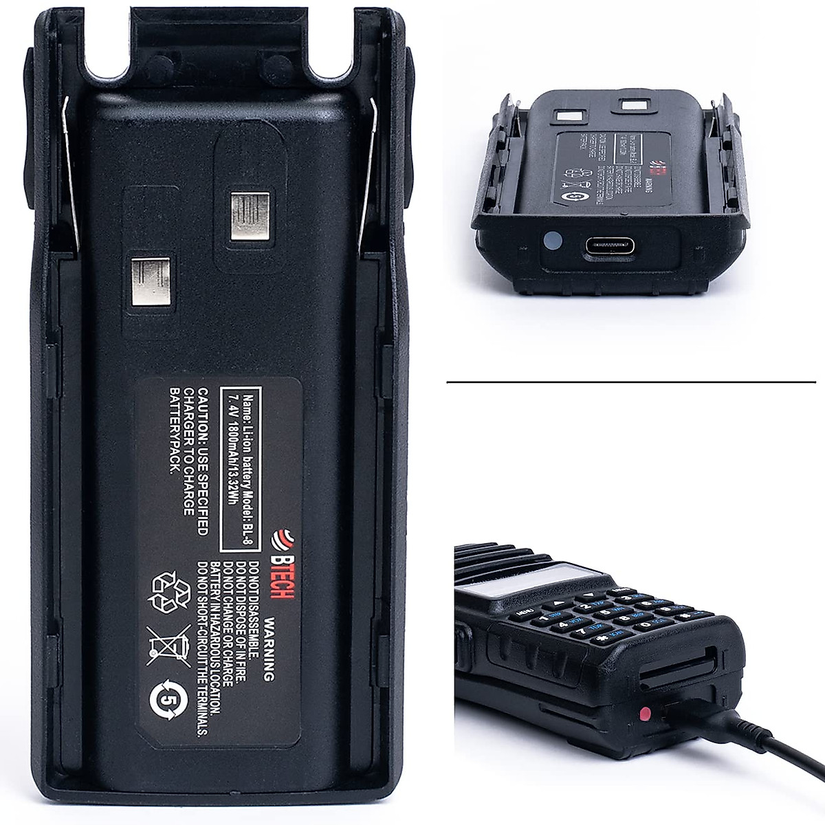 BTECH BL-8 1800mAh Li-ion USB-C Charging OEM Replacement Battery Pack for BaoFeng & BTECH UV-82 Series Radios, Compatible with GMRS-V2, MURS-V2, UV-82HP, UV-82C
