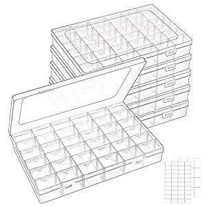 QUEFE 6 Pack 36 Grids Clear Plastic Organizer Storage Box Container, Craft Storage with Adjustable Dividers for Beads, Art DIY, Crafts, Jewelry, Fishing Tackle with Label Stickers