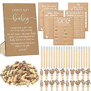 Patelai 321 Pcs Baby Shower Games Supplies, 5 Sets (50 Cards Each) Activities Cards with 20 Pencils 1 Don't Say Baby Sign 50 Clothespin(Kraft Style)