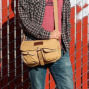 GEARONIC Men Women Vintage Canvas Leather Tote Satchel College Military Shoulder Messenger Sling Crossbody Hiking Bag Backpack For Toiletry Gym Travel Work Laptop-Khaki