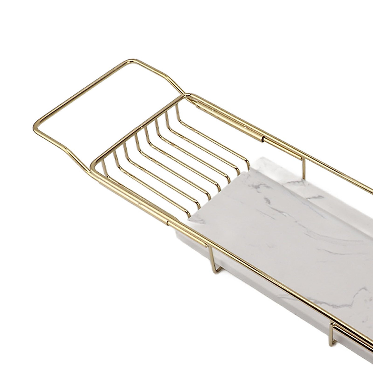 Metal Marble Bathtub Rack, Bathtub Caddy Tray Stainless Steel Shower Caddy Tray with Extending Sides, Bathroom Trays (Gold White)