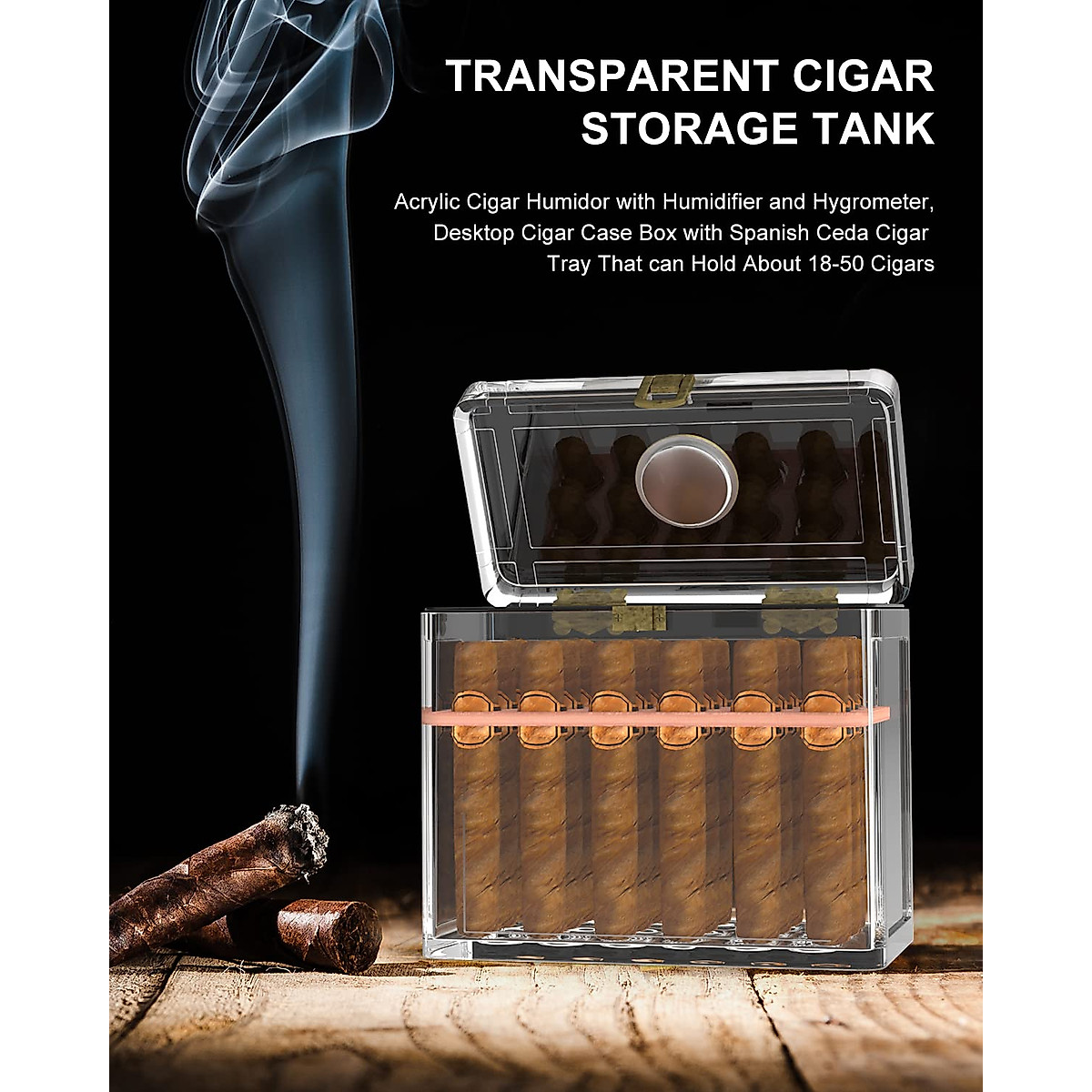 TISFA Acrylic Cigar Humidor with Humidifier and Hygrometer, Desktop Cigar Case Box with Spanish Cedar Cigar Tray That can Hold About 18-50 Cigars