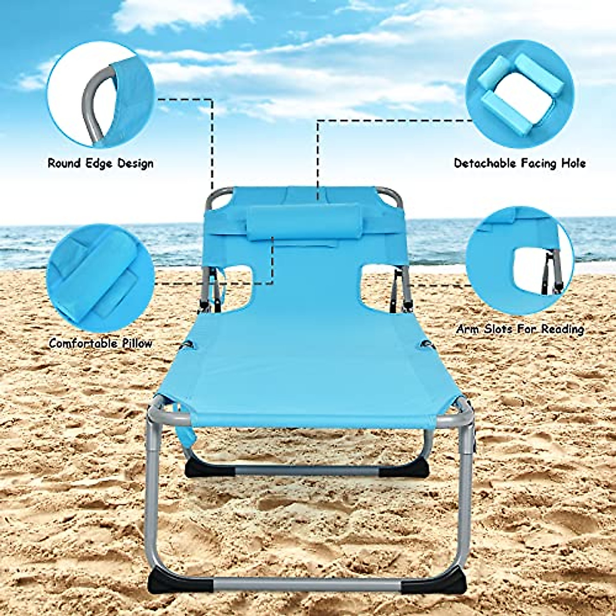 GYMAX Tanning Chair, Folding Beach Lounger with Face Arm Hole, Adjustable Backrest,Side Pocket, Removable Pillow & Carry Handle, Outside Sunbathing Lounge Chair for Patio, Poolside (1, Turquoise)