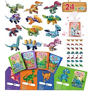Colplay 24 Packs Valentines Day Gifts for Kids Classroom-Dinosaur Building Blocks with Valentines Day Cards for Kids School & Stickers, Exchange Valentines Party Favors Boxes for Kids Boys Girls