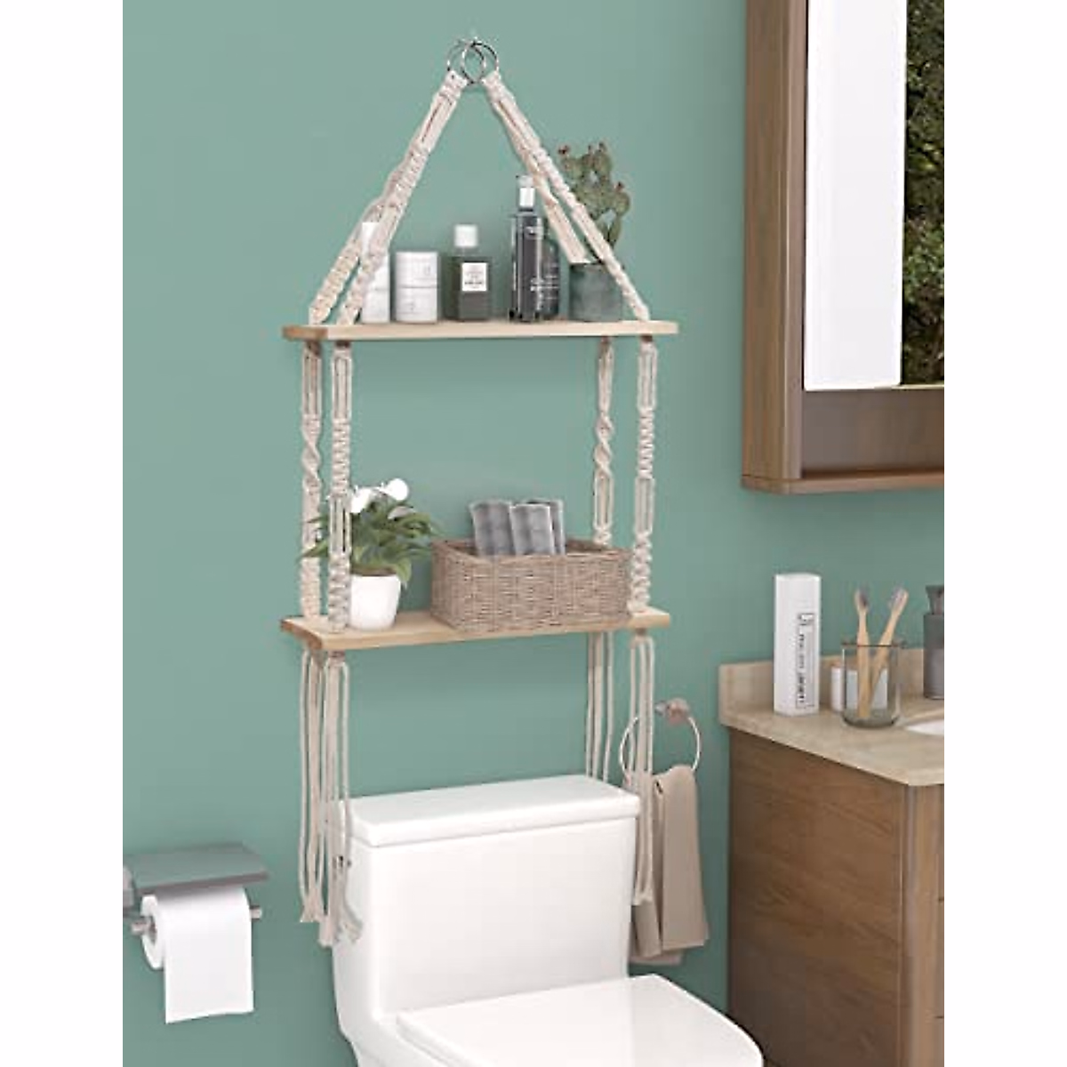 Sonefreiy Macrame Hanging Shelves 2 Tier, Natural Wood Farmhouse Window Plant Shelves Boho Wall Shelf with Hooks & Hardwares,for Bedroom Bathroom Kitchen Living Room