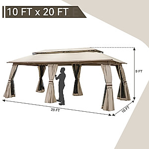 Meetleisure 10x20 ft Outdoor Gazebo, Double Tier Gazebo Tent with Side Mesh Curtains, Patio Canopy with Metal Steel Frame Suitable for Lawn, Backyard and Party, Beige