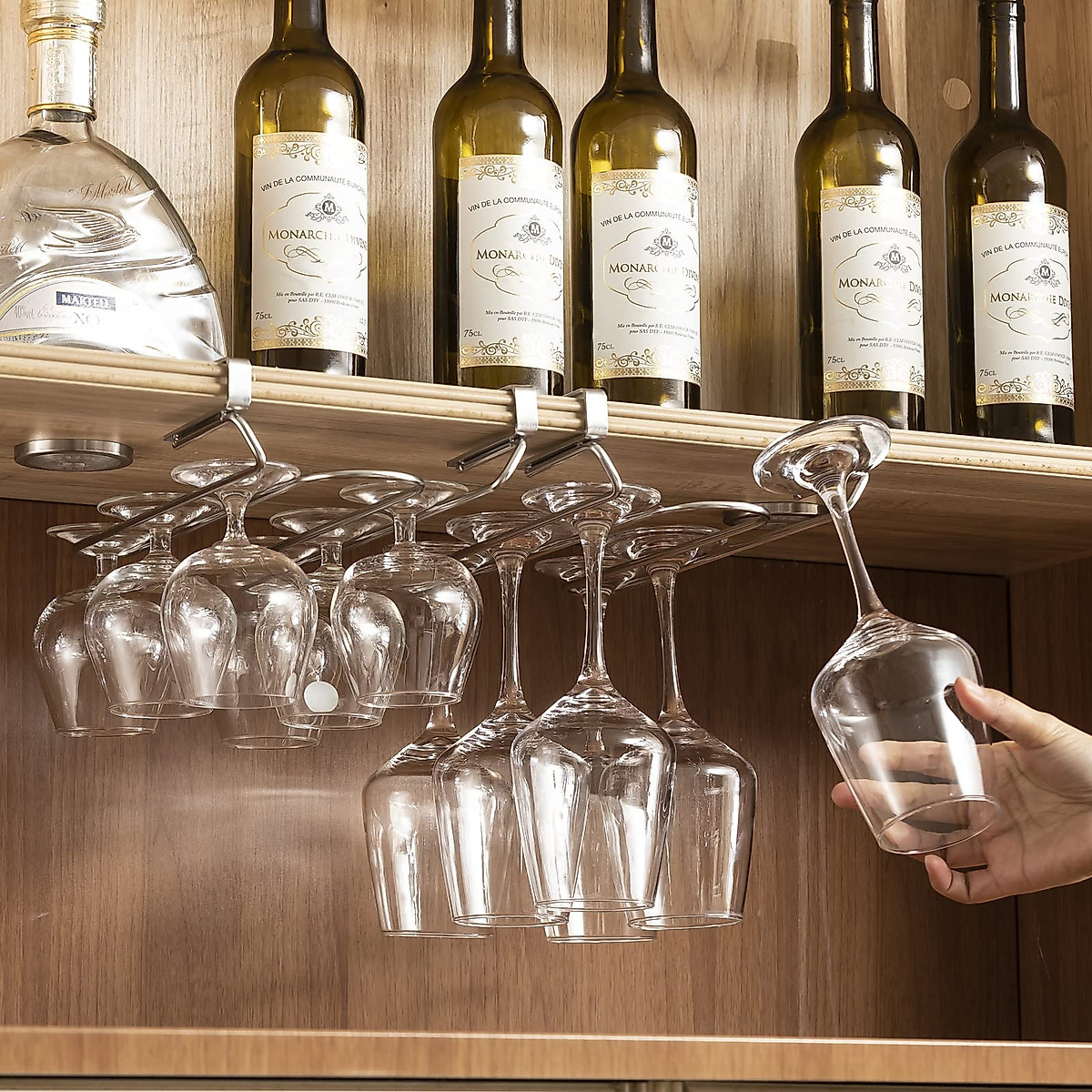 Tiilan Stemware Rack, Hanging Wine Glass Holder - Tool-Free, Stainless Steel, 2 Rows Under Cabinet Organizer for Kitchen, Bar, Pub - Silver, Pack of 2