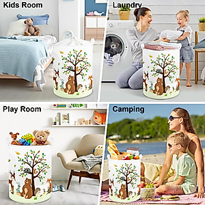 Clastyle 63L Large Woodland Animal Tree Kid Laundry Hamper with Handle for Boy Girl Collapsible Clothes Toy Storage Basket with Lid for Bedroom Bathroom Nursery