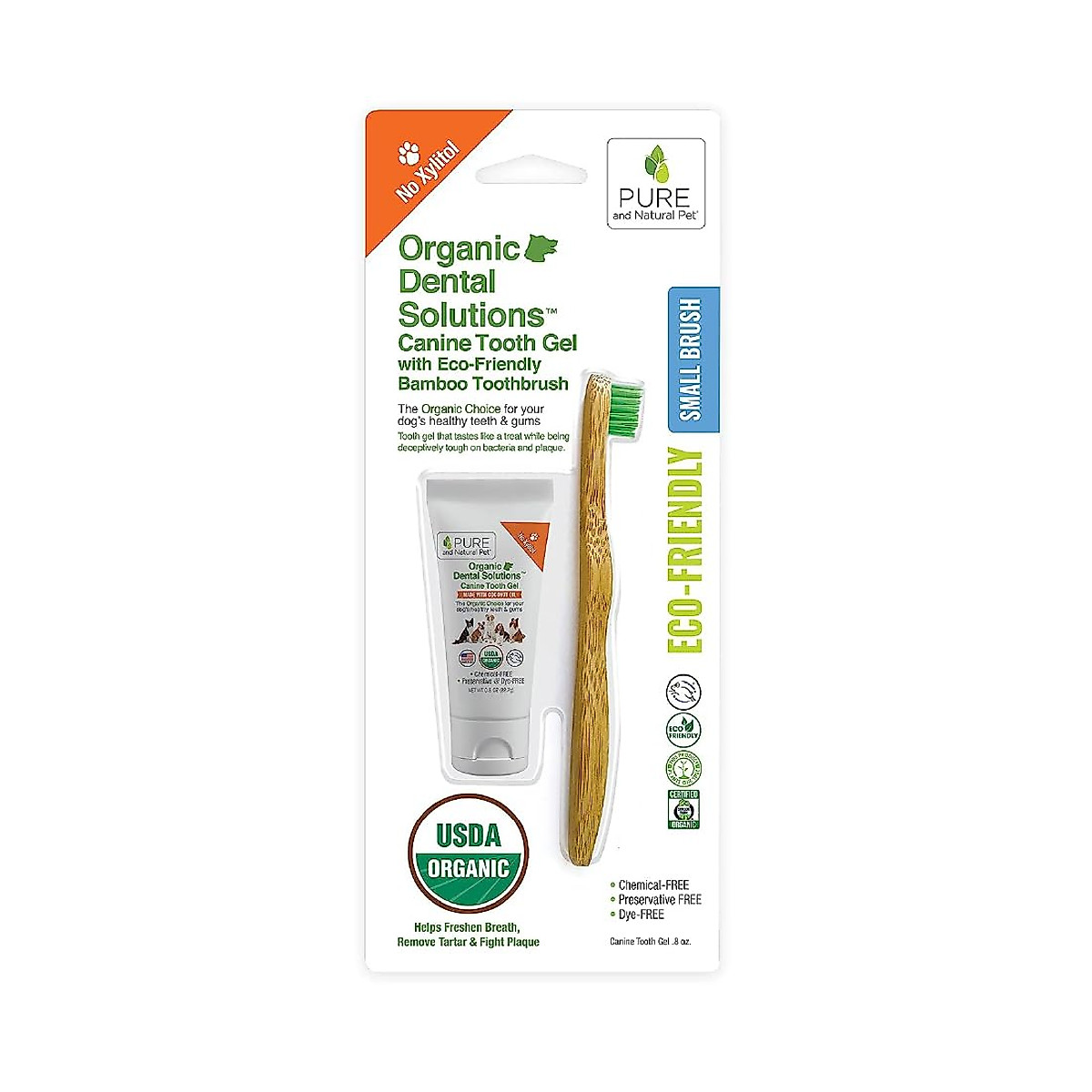 Pure and Natural Pet Organic Dental Solutions USDA Certified Organic Large Kit (.8 oz Canine Tooth Gel with Eco-Friendly Bamboo Toothbrush).