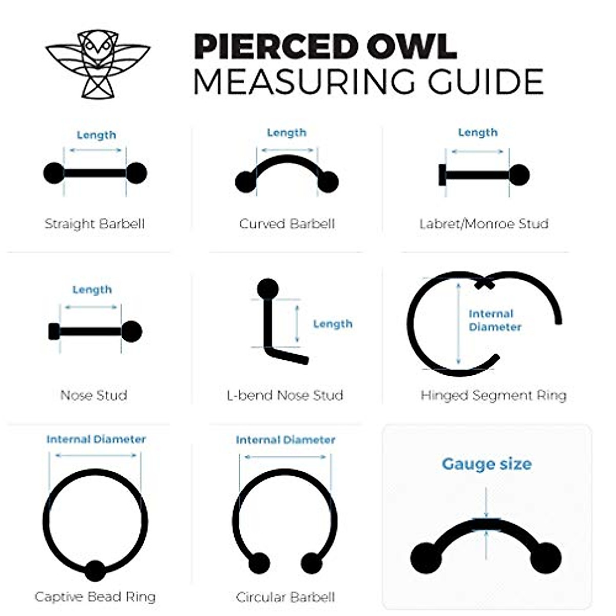 Pierced Owl 316L Stainless Steel 12-00GA Large Gauge Internally Threaded Curved Barbell (6GA / 12mm Length / 6mm Ball Size)
