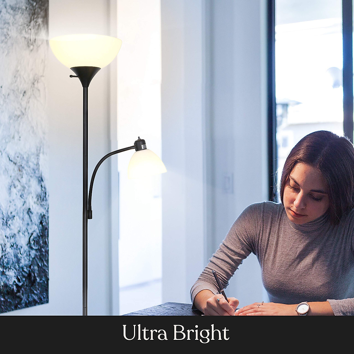 Brightech Sky Dome Plus LED Floor lamp, Torchiere Super Bright Floor Lamp with Reading Lamp for Living Rooms & Offices - Dimmable Tall Standing Lamp for Bedroom Reading - Black