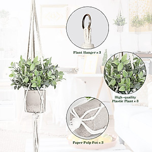 Artificial Plants 3 Pack Mini Fake Plants Fake Hanging Plants Artificial Decor with 3 Macrame Plant Hangers Decorative Plants Faux Hanging Plants Greenery Decor for Wall Kitchen Bathroom Home Office