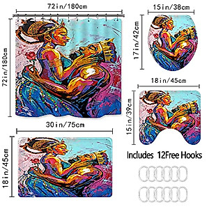 NMPPTM 4 Pcs Sets King African American Lovers Couple Colorful Painting Shower Curtain with Non-Slip Rugs, Toilet Lid Cover and Bath Mat,Durable Waterproof Shower Curtain