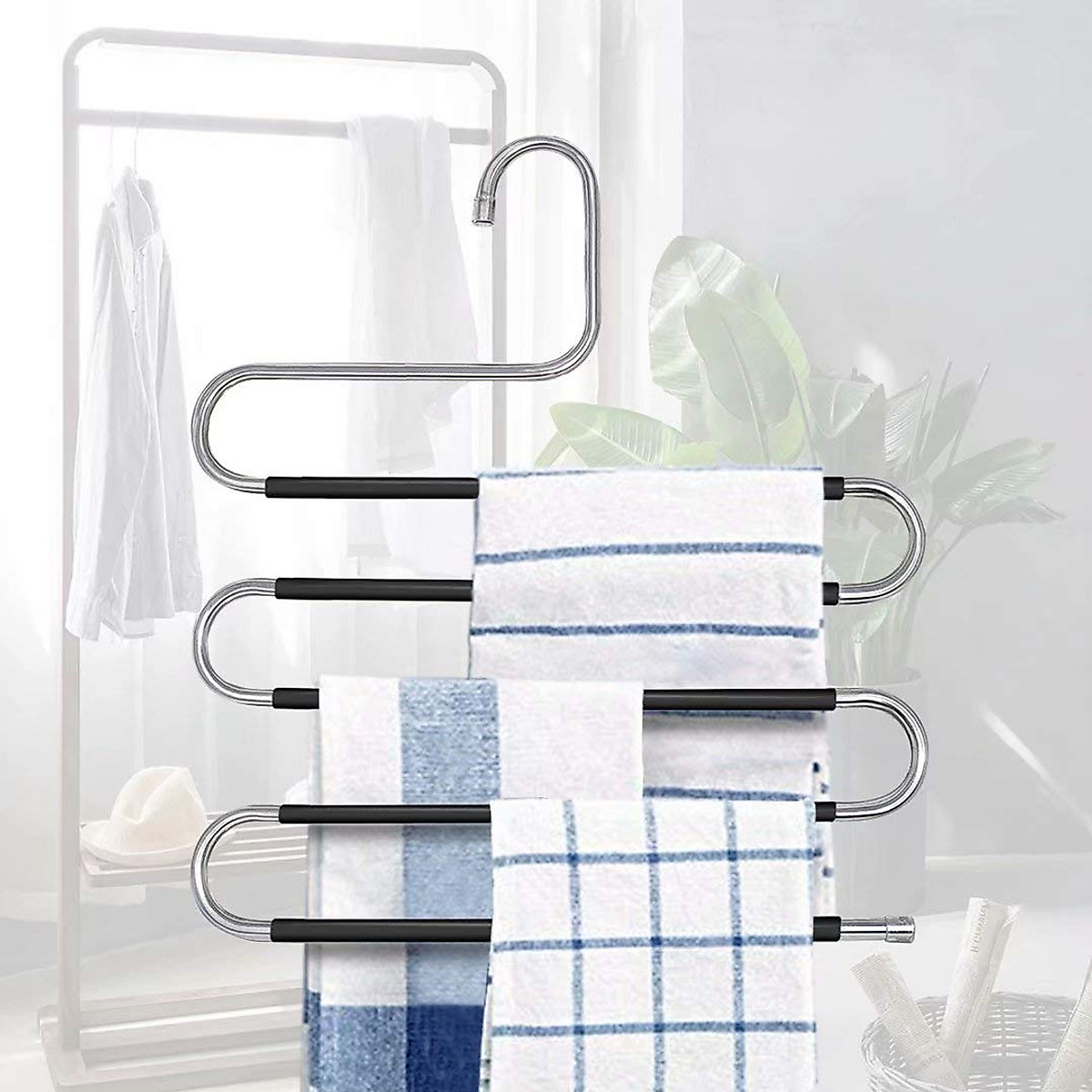 HonTop 3 Pack Pants Hangers S-Shape 5 Layers Stainless Steel with Black Silicone Coating Multi Clothes Cascading Pants Hangers Space Saving Clothes Organizer for Jeans Pants Scarf Ties Towels