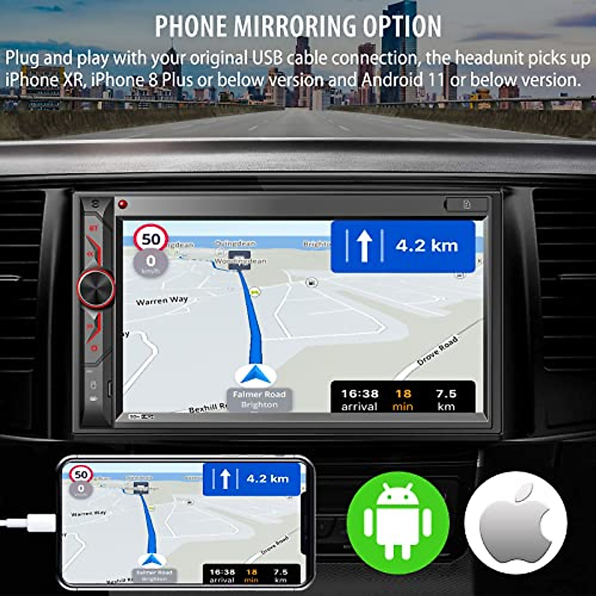 Double Din Car Stereo with Bluetooth: 7inch HD Car Multimedia Receiver – Car Audio MP5 Player | LCD Capacitive Touchscreen | Phonelink | Backup Camera | USB/SD/ AUX Input | AM FM Car Radio | SWC
