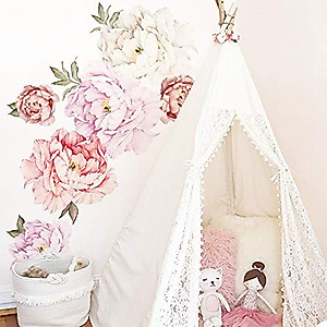 Watercolor Peony Flowers Wall Decals Floral Wall Stickers for Living Room, Delicate White & Pink Flowers Wall Posters Vinyl Blossom Art Applique for Bedroom Girls Room