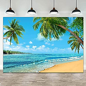 Summer Tropical Hawaii Palm Tree Or Beach Photography Backdrops 7X5FT Blue Sea Sky Sunshine Luau Party Photo Background Wedding Bride Shower Baby Birthday Party Banner Supplies Props Vinyl
