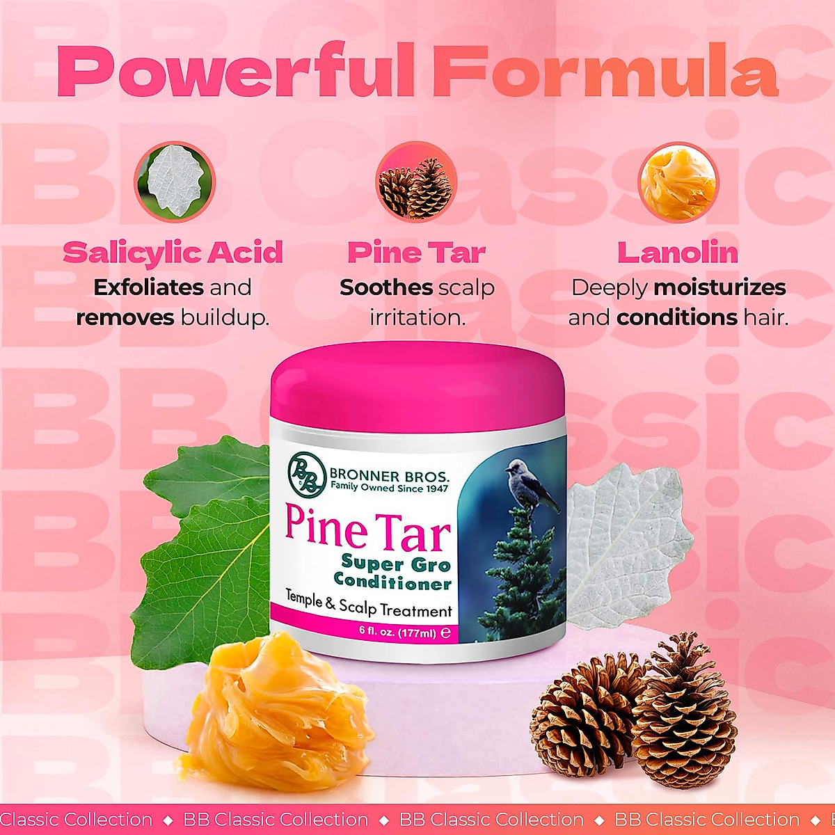 Bronner Bros BB Pine Tar Super Gro Conditioning Temple & Scalp Treatment for Dandruff - Soothes Dry, Itchy Scalp, Moisturizer & Deep Conditioner - With Pine Tar, Salicylic Acid & Lanolin - 6 oz