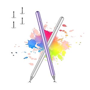 Stylus Pen for iPad, LUNTAK Stylus Pens for Apple/iPhone/Ipad pro/Mini/Air/Android/Microsoft/Surface All Capacitive Touch Screens Universal with 4 Replacement Tips (2 Pcs, Purple and Silver)