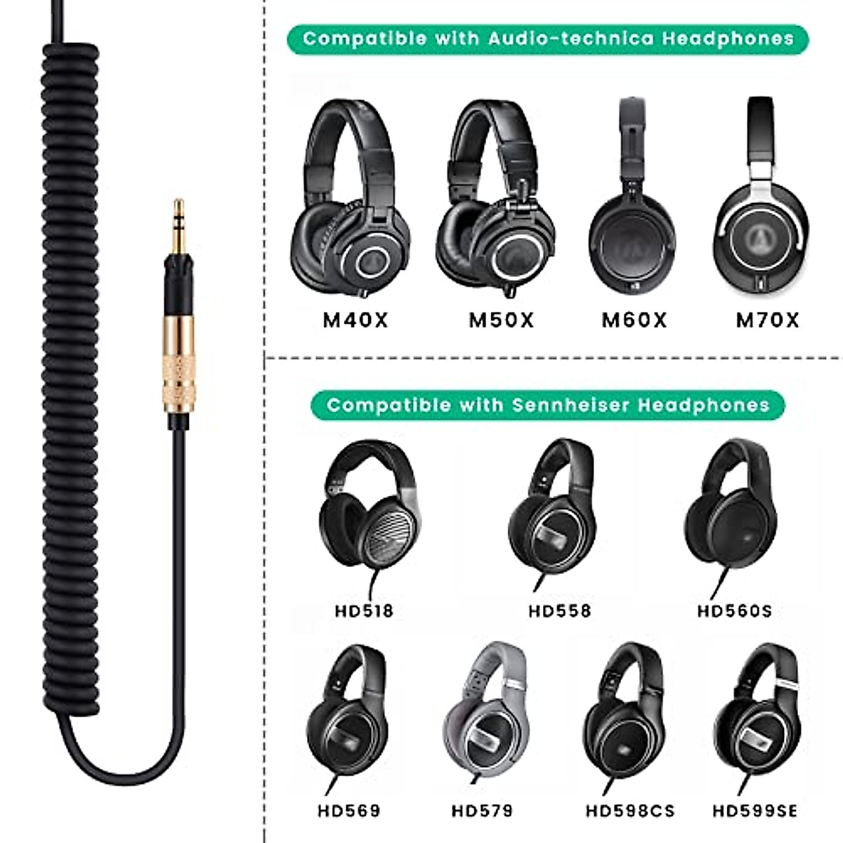 weishan Coiled Audio Cable Replacement for Audio-Technica ATH-M50X, ATH-M40X, ATH-M70X Gaming Headphones, 2.5mm to 3.5mm Extension Aux Cord Wire 5ft to 16ft