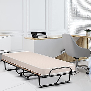 KOMFOTT Folding Rollaway Bed with 4" Mattress, Foldable Rollaway Bed with Memory Foam Mattress for Adults, Portable Fold Up Guest Bed with Sturdy Steel Frame on Wheels for Home & Office, Made in Italy