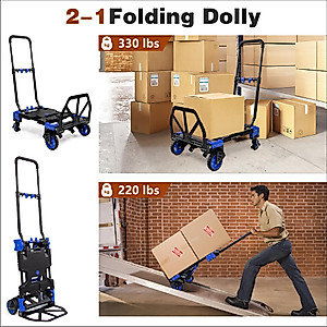 2 in 1 Hand Truck Dolly Foldable with Basket,Hand Truck Foldable with Retractable Handle,330LBS Capacity Folding Hand Cart,Dolly Cart with Wheels,Portable Dolly Hand Truck for Moving