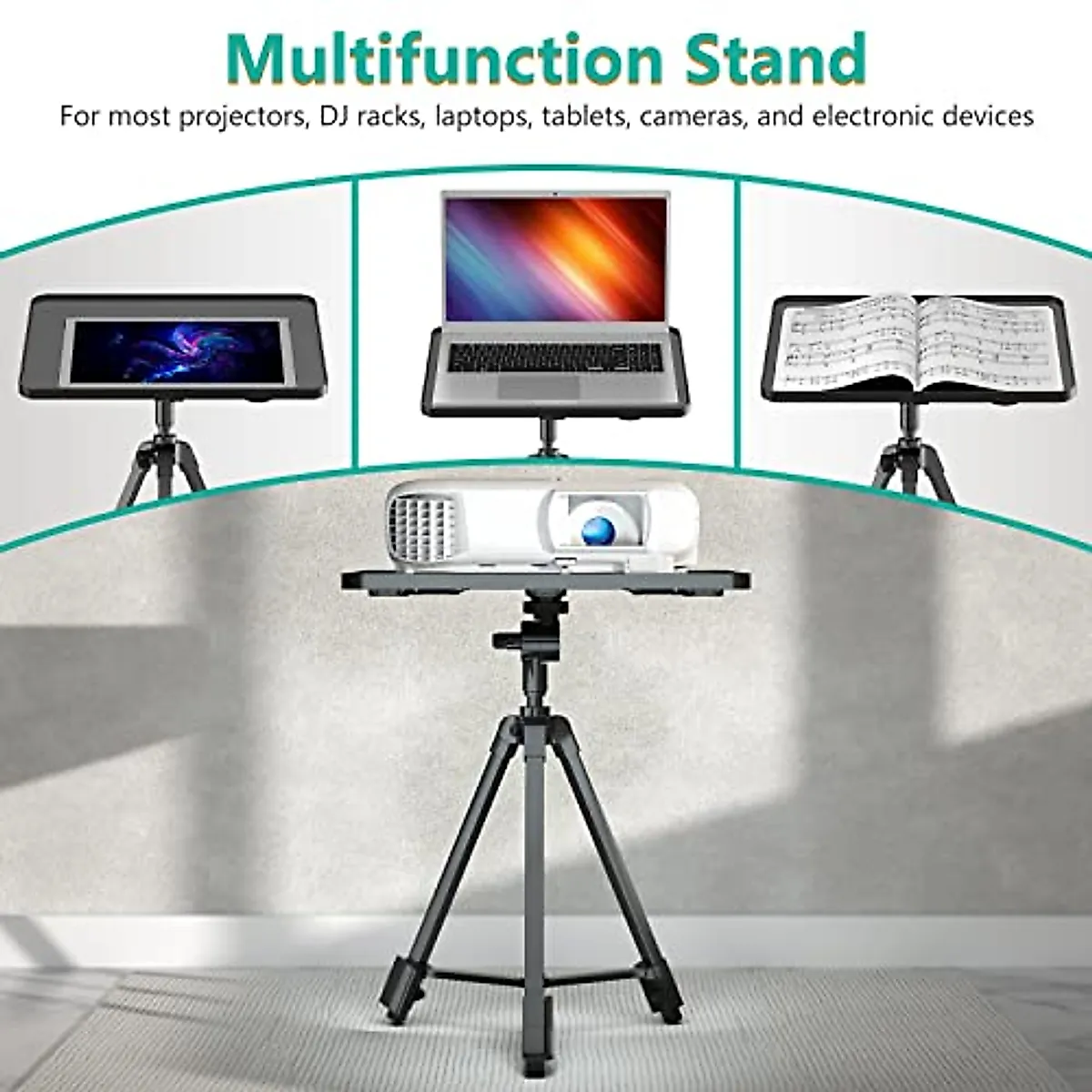 WALI Projector Tripod Stand, Portable Holder Mount for Universal Projector, Laptop, DJ Equipment with Adjustable Height 18 to 35 Inch, Perfect for Office, Home, Stage or Studio Use (PRS001), Black