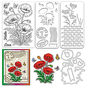 ORIGACH Realistic Corn Poppy Flower Stamps and Die and Layering Coloring Stencil Bundle for Card Making Album Arts Crafts Supplies
