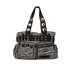 Lost Queen Striped Punk Rock Steampunk Purse with Handcuff Skull Charm (White), Medium