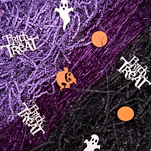 PAPER FAIR 1LB Halloween Crinkle Cut Paper Shred, Black Purple Iridescent Glitter Strand Raffia Filler w/Orange Ghosts Trick or Treat Confetti, Candy Gift Wrapping Basket Box Craft Bedding Cushion