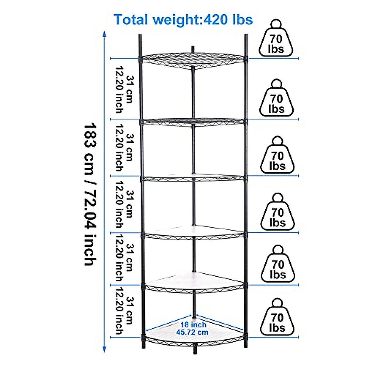 6 Tier NSF Metal Corner Shelf Wire Shelving Unit, 420lbs Capacity Heavy Duty Adjustable Storage Rack with Shelf Liners for Closet Kitchen Bathroom Garage Basement, 72" H x 18" L x 18" D - Black