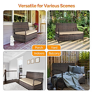 VINGLI 40 Gallon Outdoor Bench with Storage, Wicker Deck Box, Rattan Outdoor Storage Box, Patio Sofa Storage Bench with Cushion for Porch, Yard, Lawn, Garden (Brown)