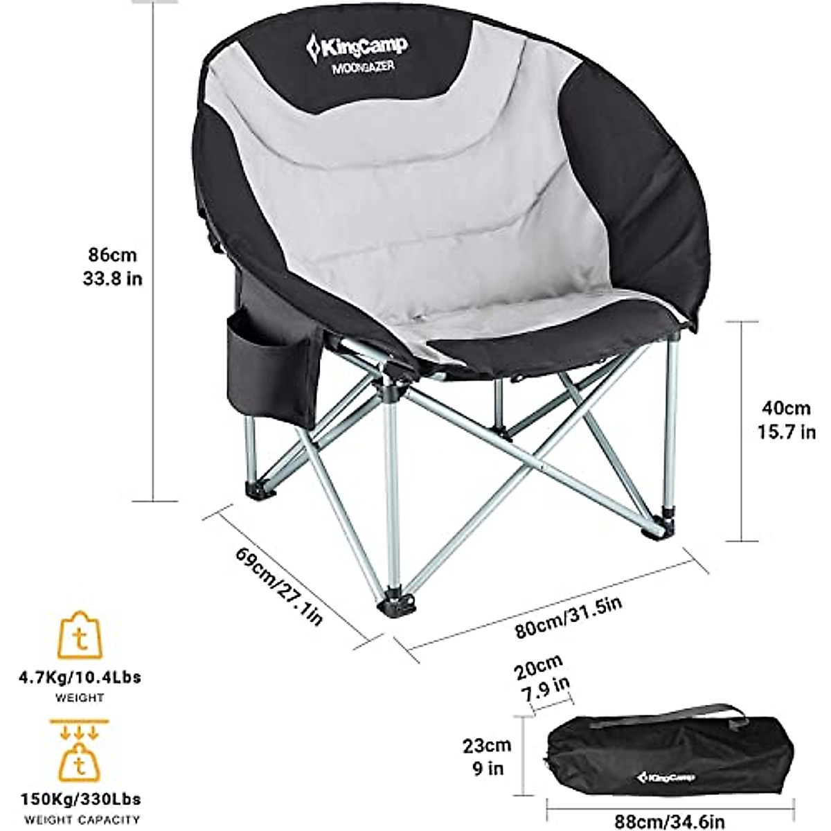 KingCamp Oversize Padded Moon Saucer Leisure Cooler Bag and Cup Holder, Portable Heavy Duty Folding Chair for Outdoor Camping, Picnic, Fishing, Lawn, Black/MediumGrey, ONE Size
